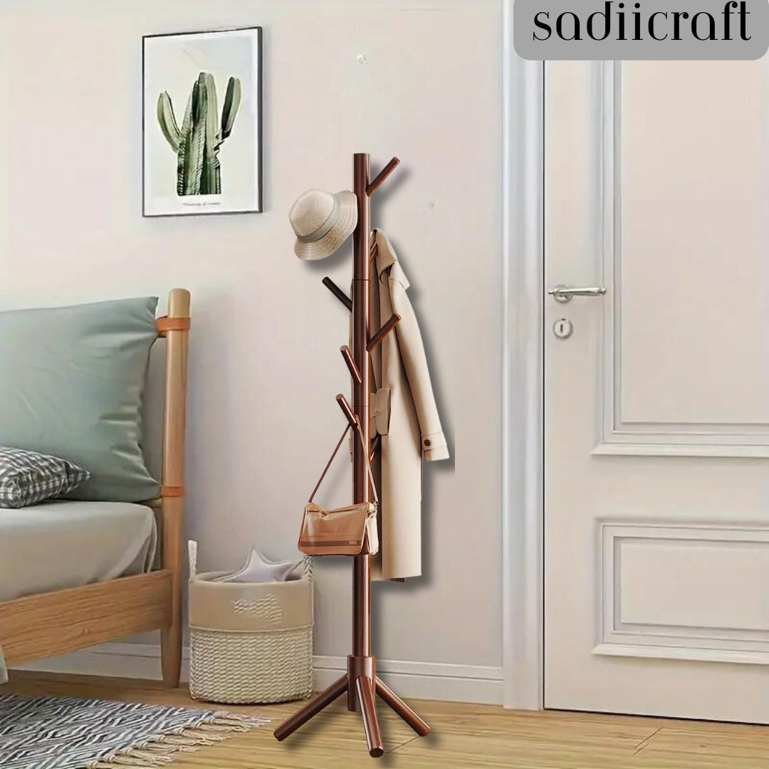 Wooden Coat Rack Stand Free Standing Coat Rack 8 Hooks 3 Adjustable ...