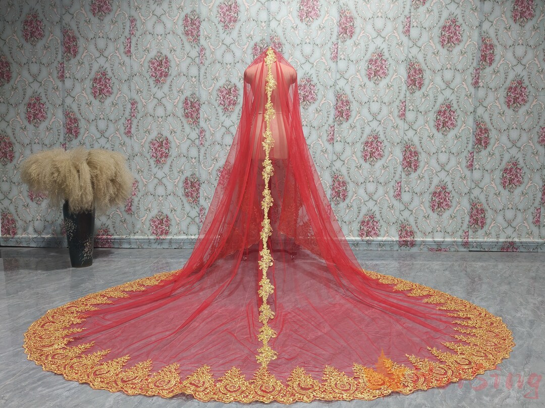 Red White Ivory Tulle Veil, Cathedral Wedding Lace Applique Veil ...