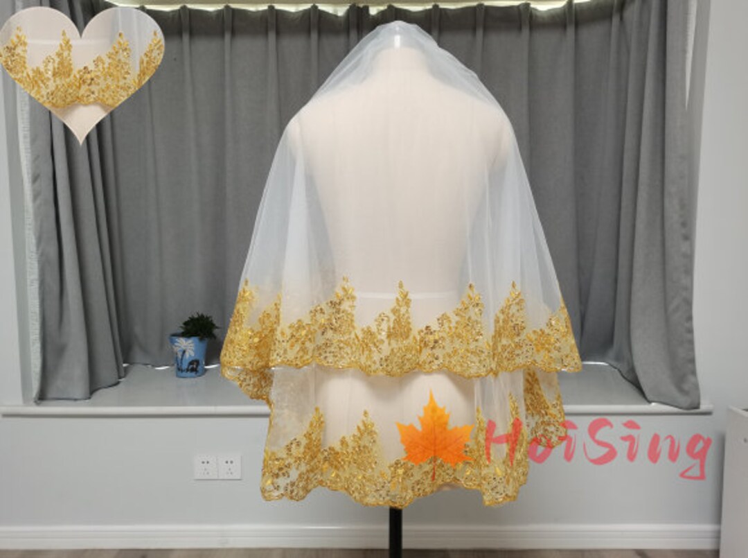 Women's Wedding Gold Sequin Lace Edge Veil, Elegant Bridal Sequin Lace ...