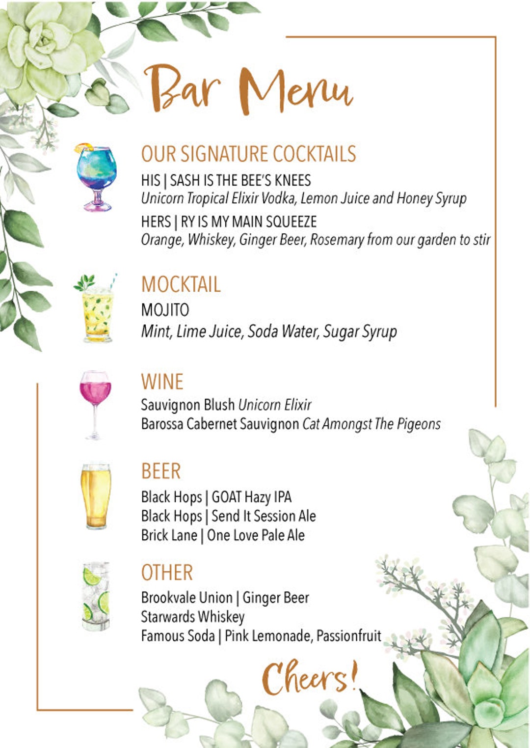 Bar Menu Template | Signature Drinks | His and Hers Drinks | Wedding ...