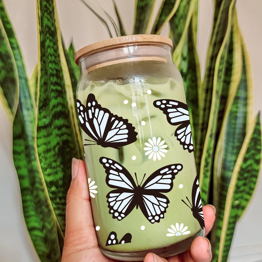Butterfly Glass Cup, Iced Coffee Cup With Lid and Straw, Beer Can Glass ...