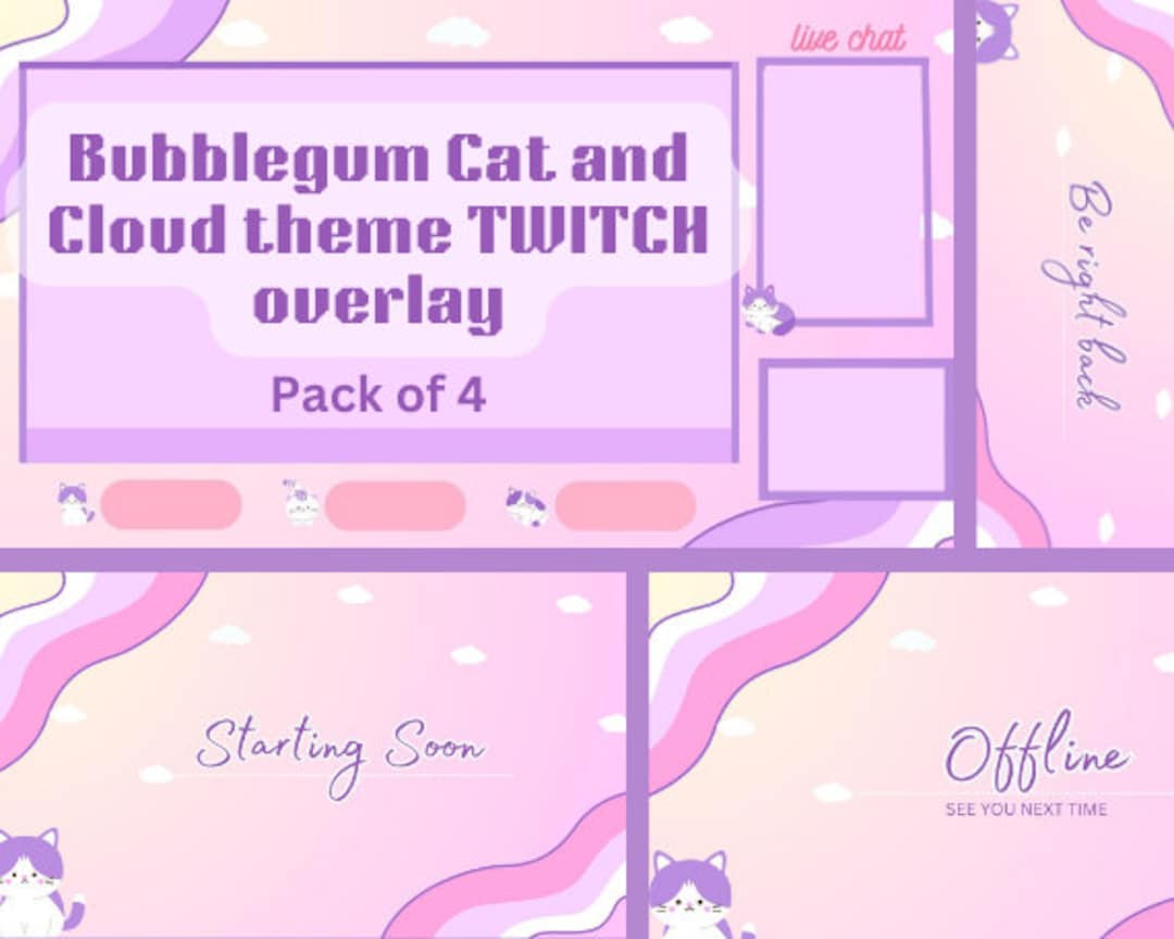 Cozy Cat Twitch Overlay Stream Package FAIRY Clouds Animated Twitch Overlay Cozy Cute Pastel ...