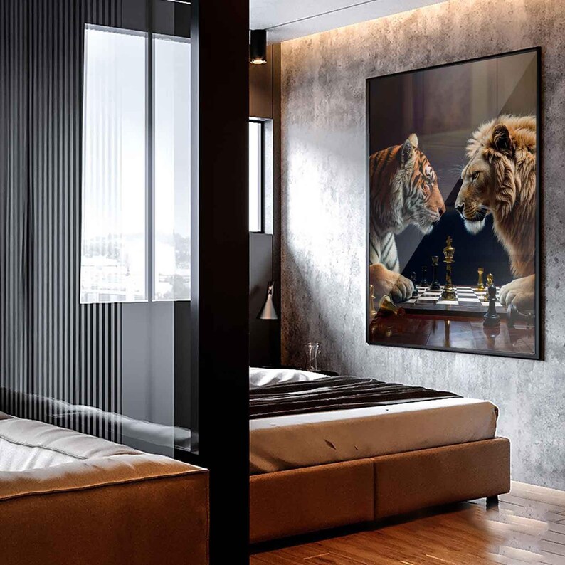 Lion & Tiger Playing Chess Wall Art, Game of Beast, Lion Wall Decor ...