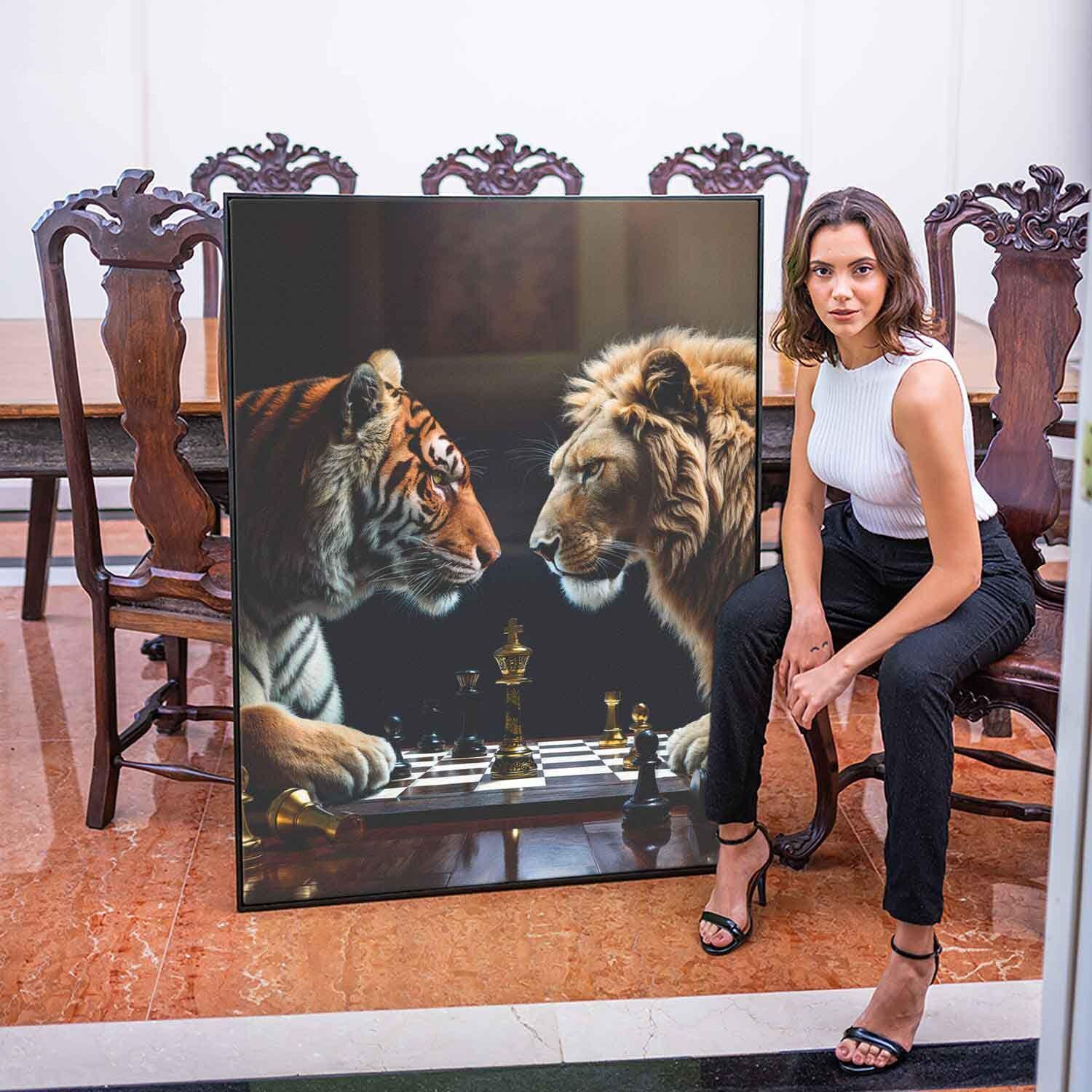 Lion & Tiger Playing Chess Wall Art, Game of Beast, Lion Wall Decor ...