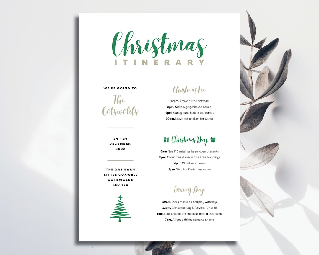 Christmas Itinerary Template, Christmas Eve, Christmas Day, Boxing Day ...