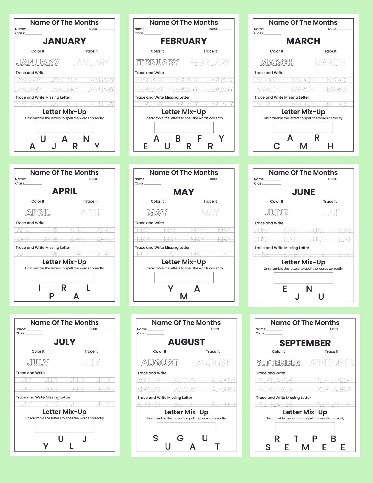 Trace Write and Color the 12 Months of the Year• January Through ...