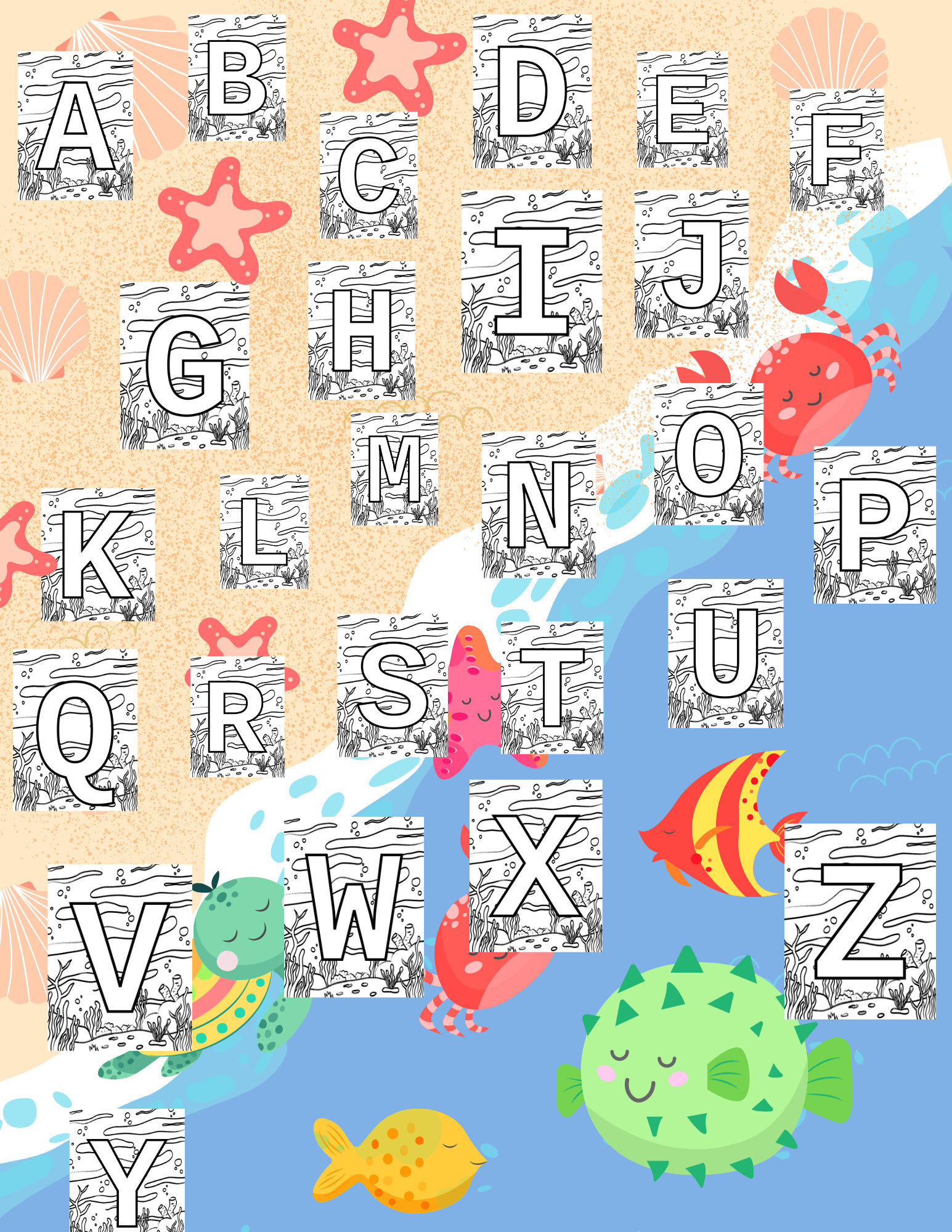 A-Z 26 Pages Underwater Themed Alphabet Coloring Pages for Kids ...