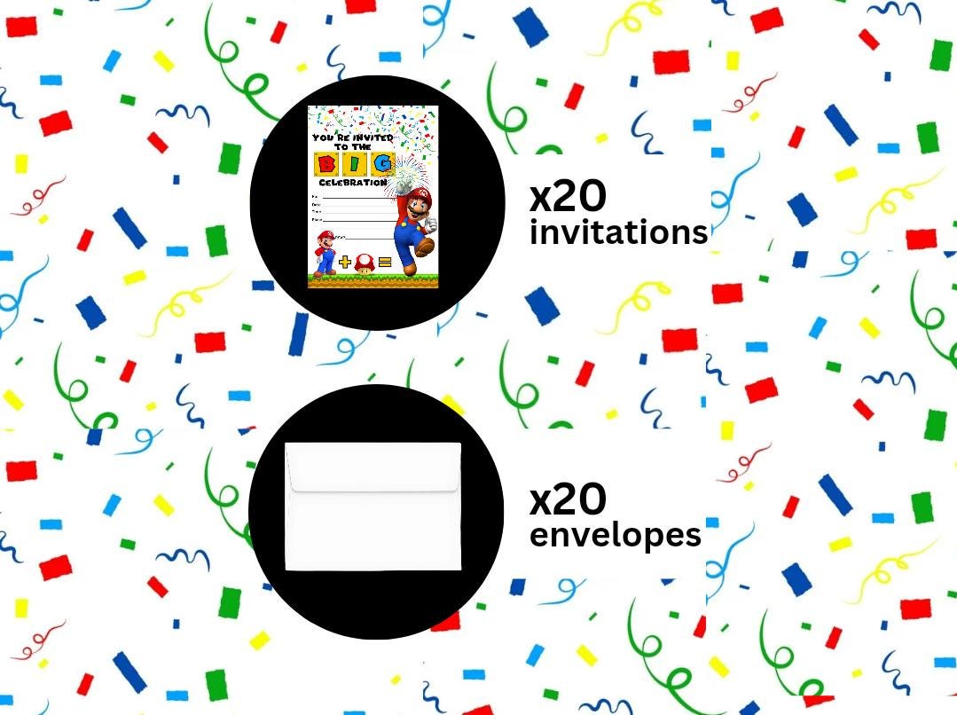 Super Mario Birthday Party Invitations 5x7 Set of 20 Invitations + 20 ...