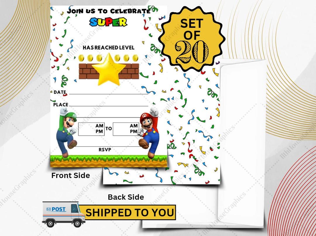 20 Super Mario Birthday Party Invites SHIPPED TO YOU | 5x7 Set of 20 ...