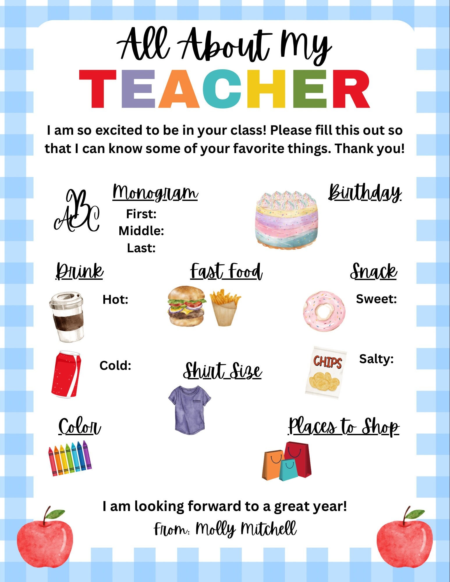 All About My Teacher Printable - Etsy