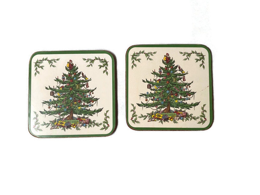Pair 2 of Vintage Spode Christmas Tree Cork Back Drink Coasters Retro ...