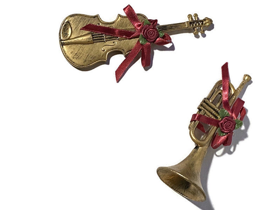 Pair 2 of Vintage Gold Plastic String Instruments Guitar Violin ...