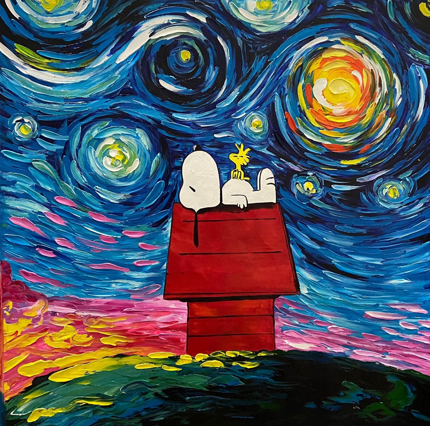 Snoopy Vincent Van Gogh, Starry Night, Hand Painted, Oil Painting ...
