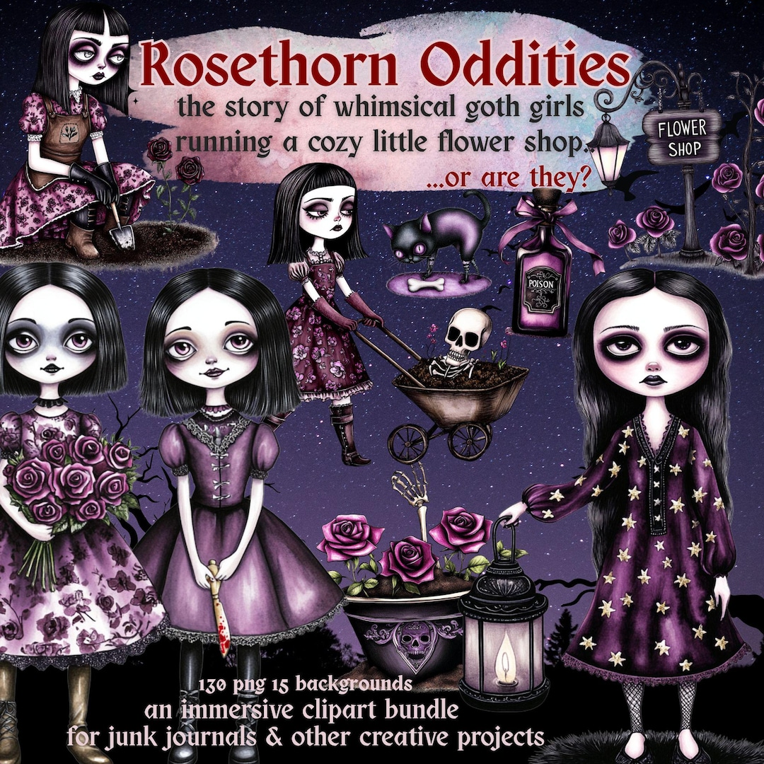 Whimsical Goth Watercolor Clipart Bundle, Dark Aesthetic Whimsigoth ...