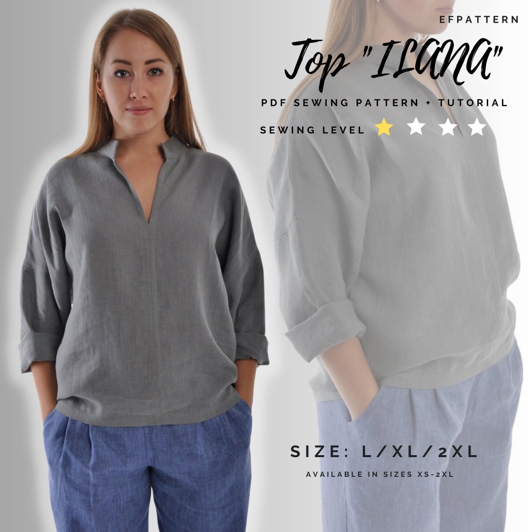 Boxy Top Sewing Pattern, Kimono Top With Collar, Sizes L, XL and 2XL ...