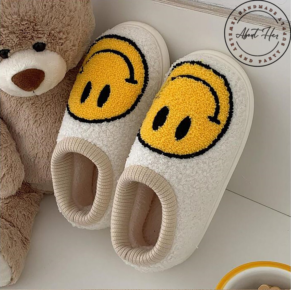 Smiley Face Slippers For Women L Smiley Slippers L Indoor Etsy