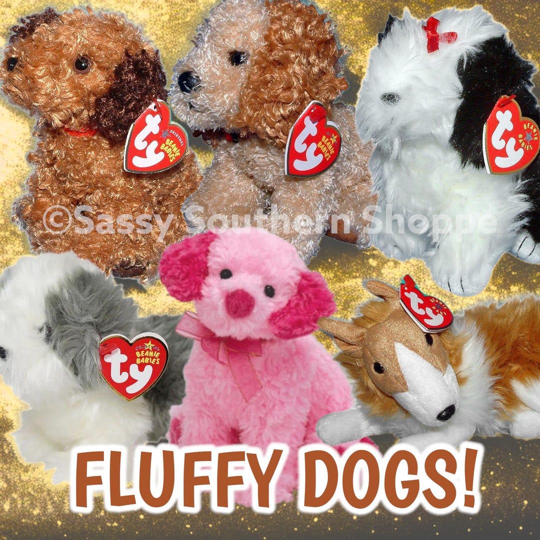 Ty BEANIE BABIES Fluffy Dogs - Cassie Poofie Houston Tunnels Sampson ...