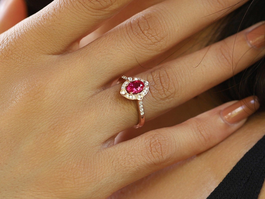 Oval Red Ruby Birth Stone Dainty Promise Ring, July Birthstone Delicate ...