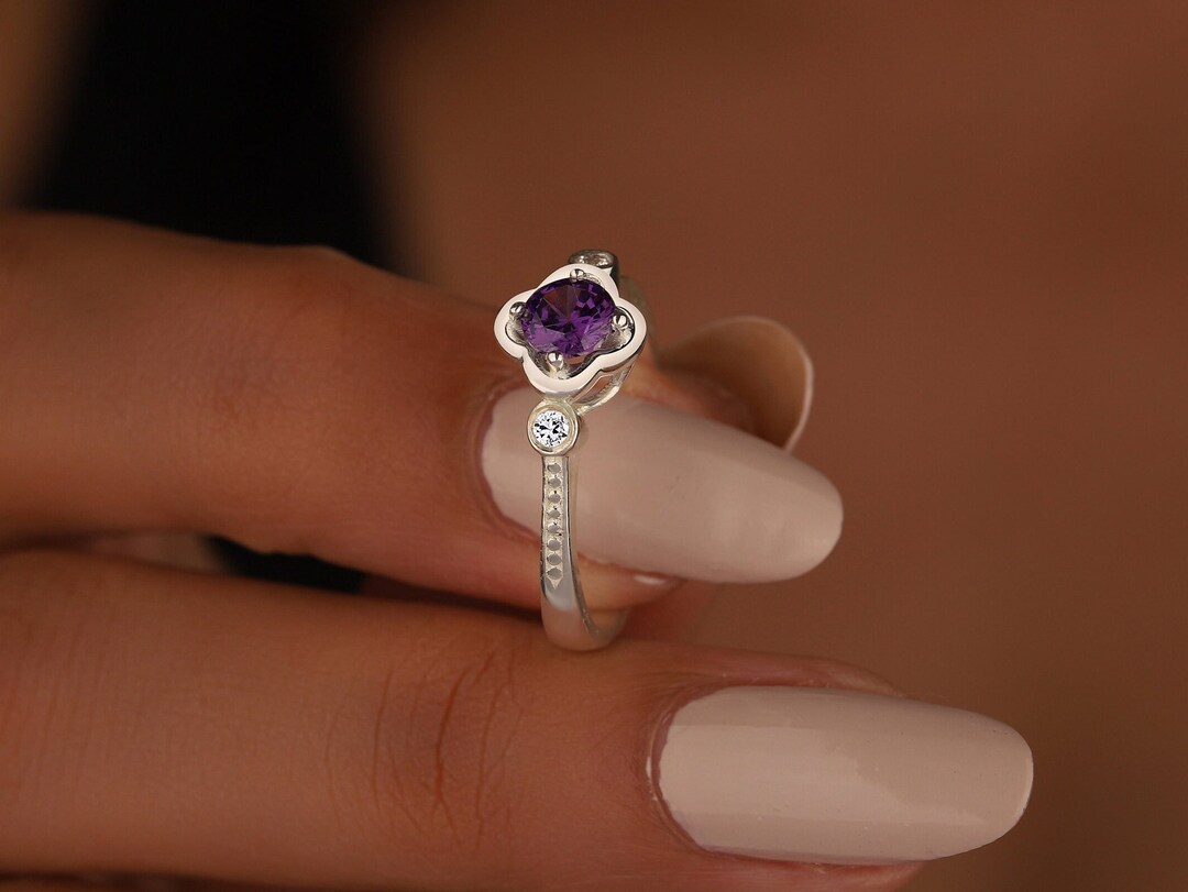 Solid Gold Amethyst Promise Ring, Purple Color Stone Ring, Vintage Self ...