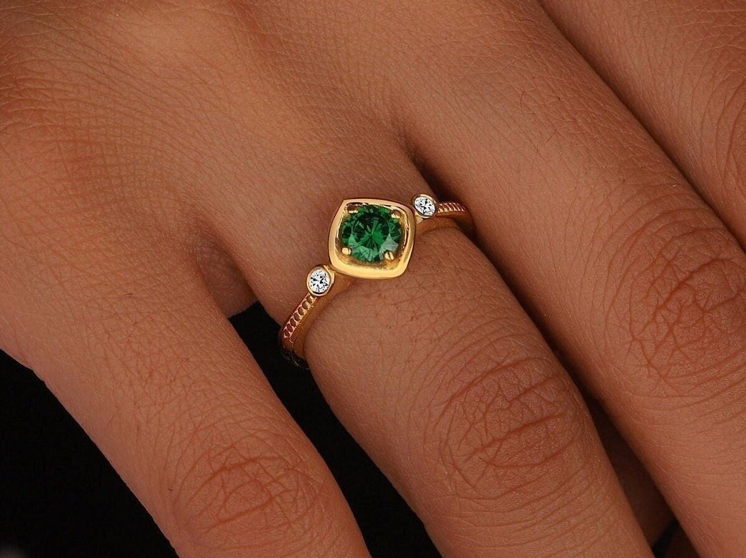 14K Gold Filled Dainty Green Emerald Simple Promise Ring, Three Stone ...