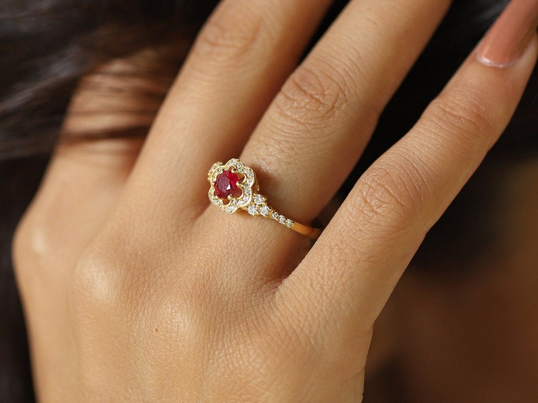 Delicate Birth Flower Ruby Engagement Ring, July Birthstone Daisy Ring ...