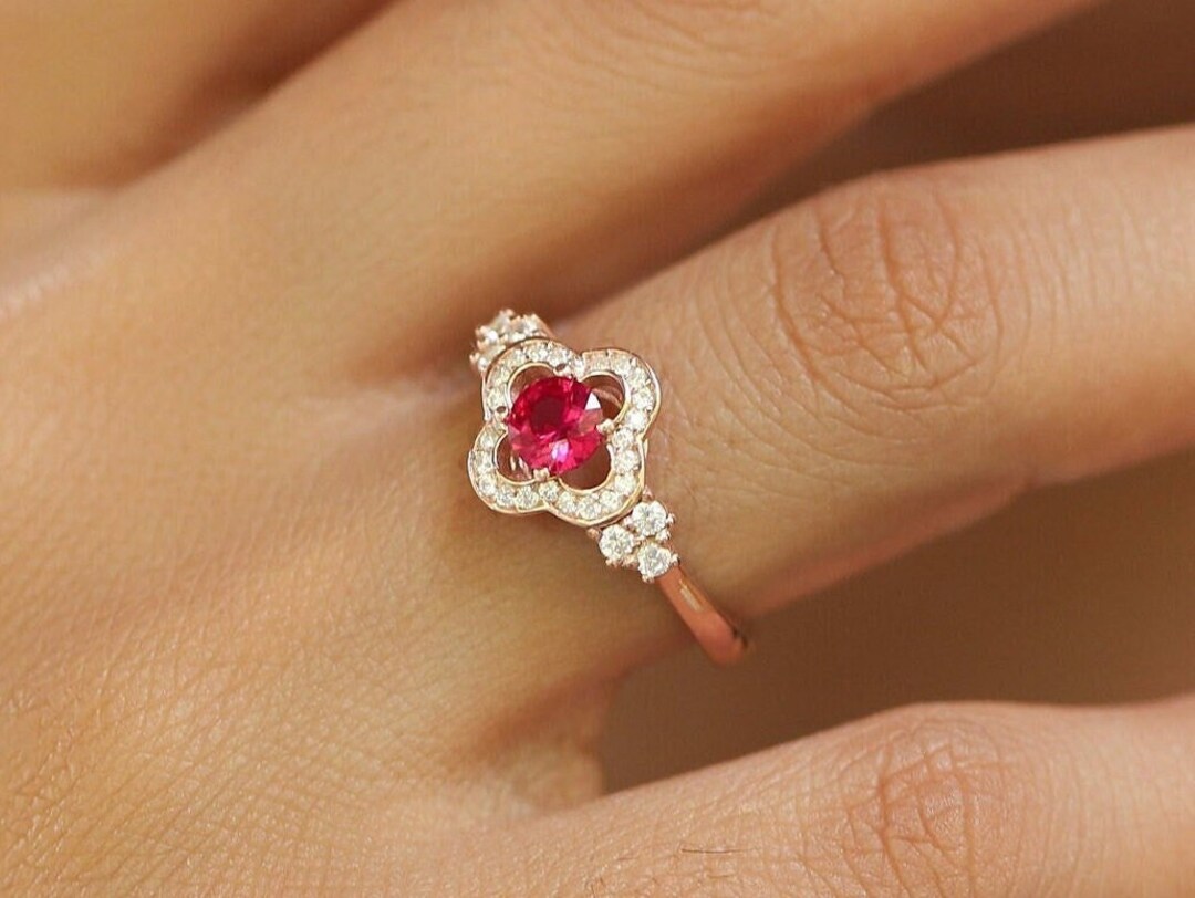 Rose Gold Four Leaf Clover Ruby Ring, Red Gemstone Flower Ring, Dainty ...