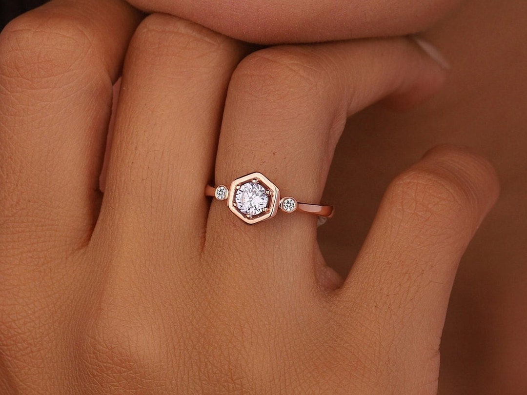 Solid Gold Alexandrite Silver Engagement Ring, 14K Three Stone Simple ...