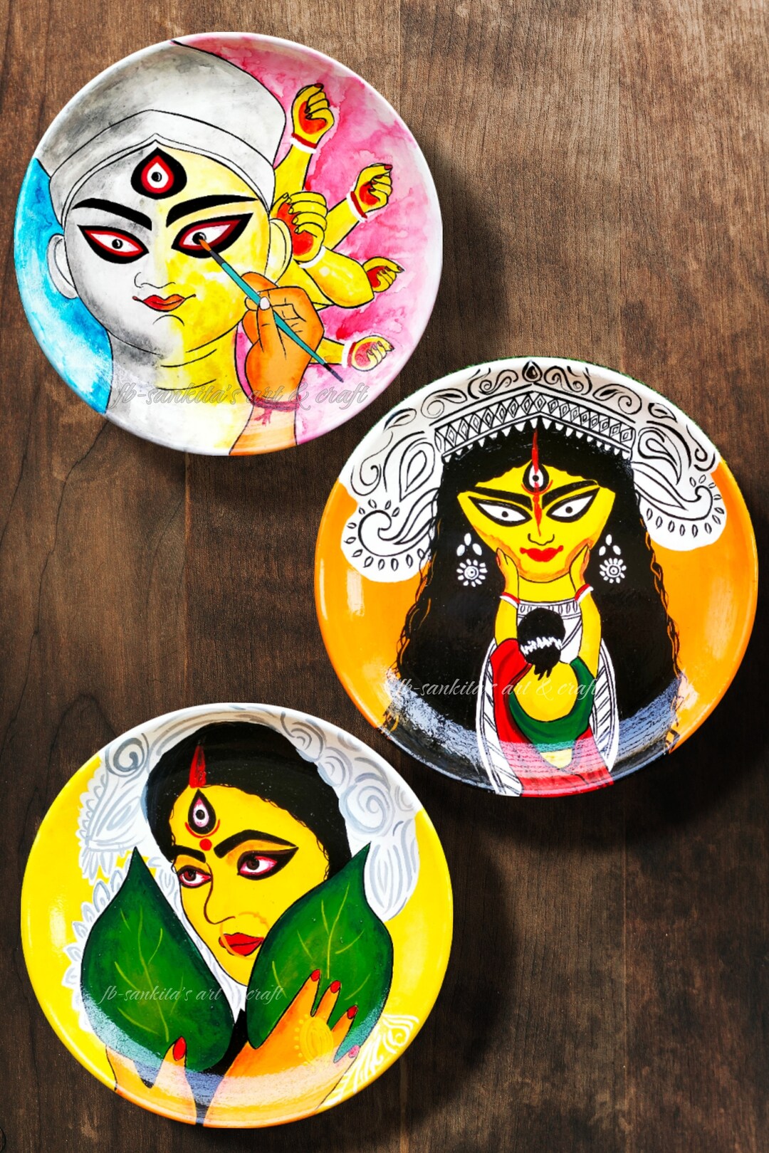 Set of 3 Hand Painted Decorative Wall Plates/durga Painting / Ma Durga ...