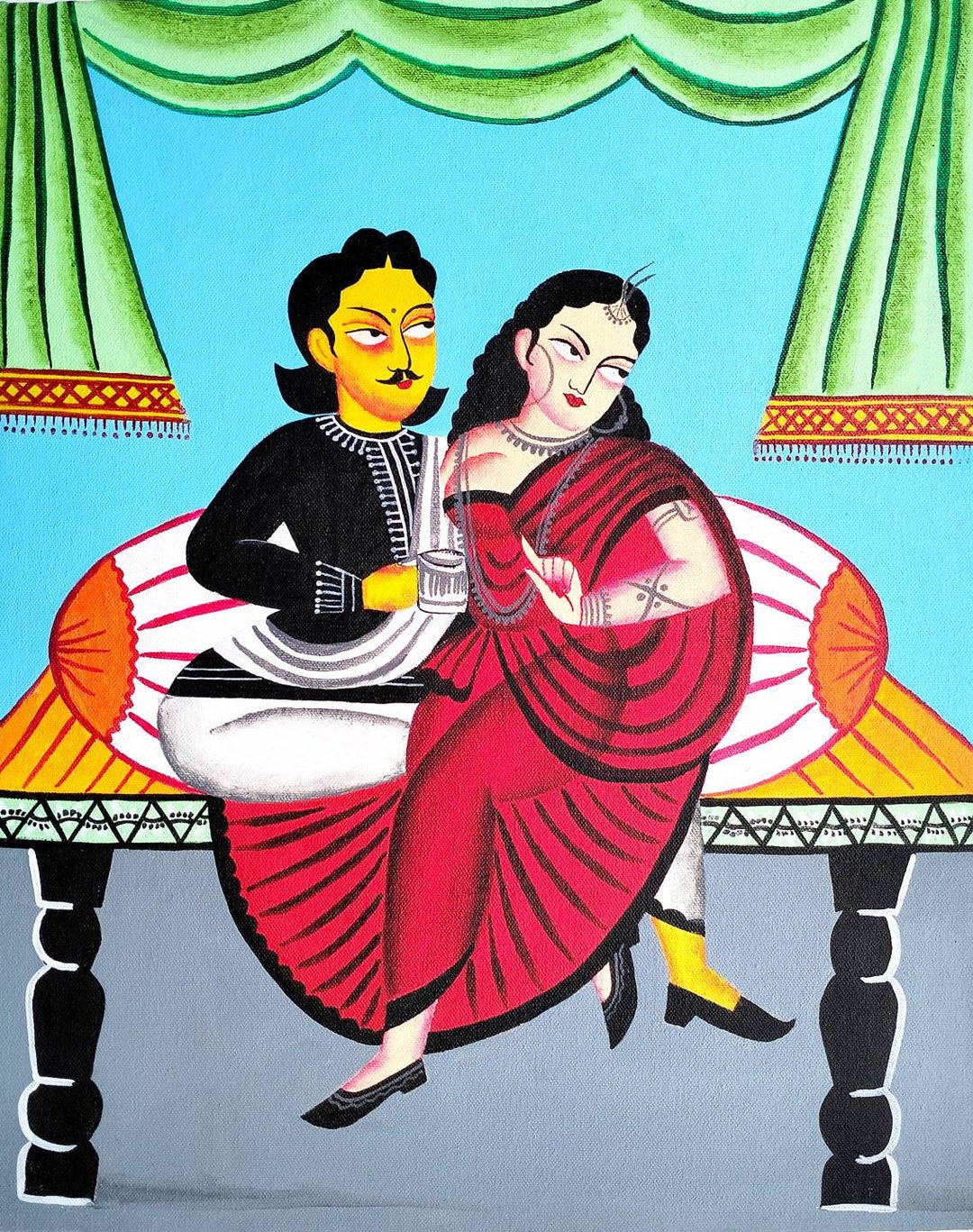 Original Hand Painted Babu Bibi Painting Babu Bibi Kalighat Painting ...