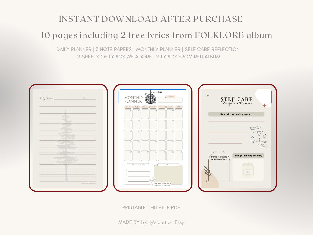 Folklore, Taylor Swift Planner, Self-care Note, Monthly Planner ...