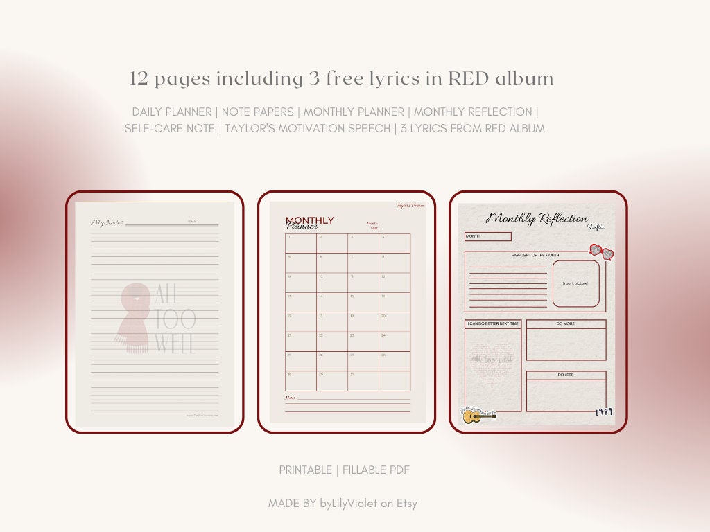 Taylor Swift Planner, Swiftie Self-care Note, Monthly Planner, Swiftie ...