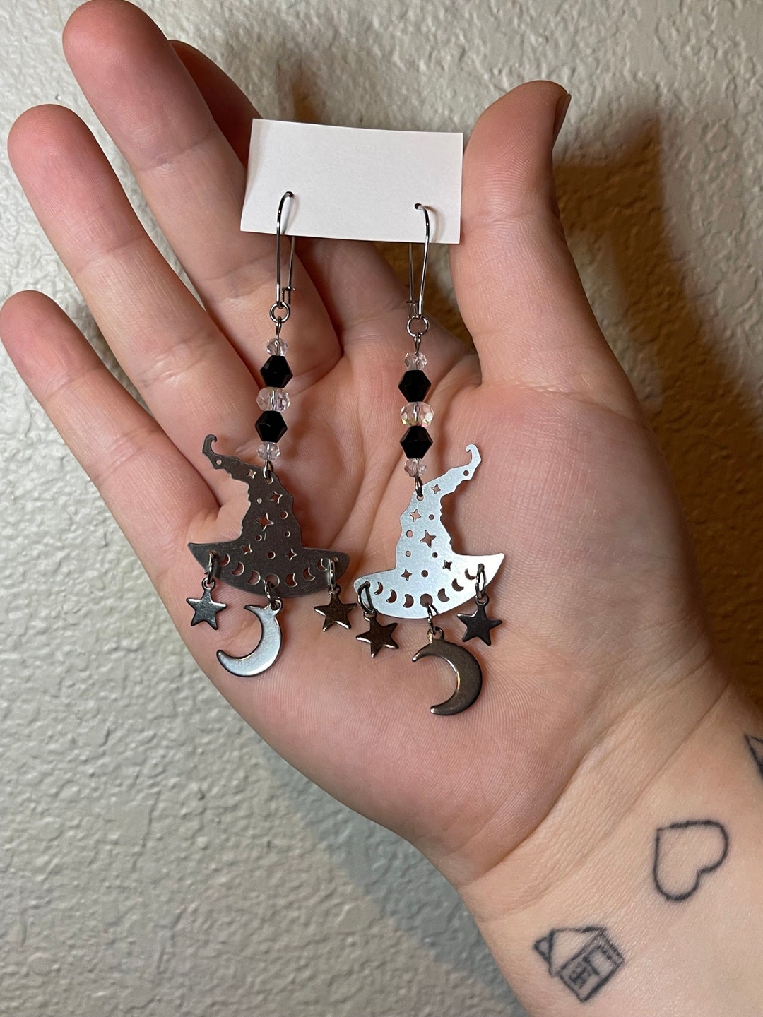 Celestial Witch Hat Black Crystal Gothic Earrings With Latch Back Hooks ...