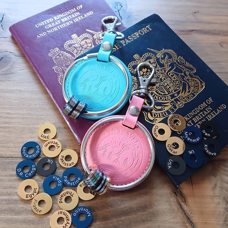 Personalized Vegan Leather Travel Keychain With Country Rings - Etsy