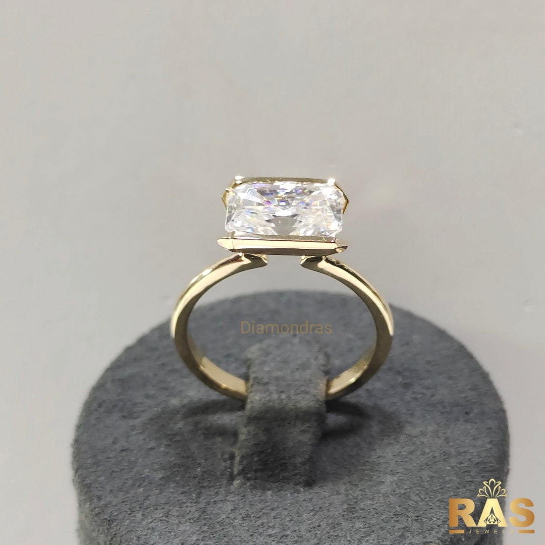 Half Bezel Radiant Moissanite Engagement Ring 14K Gold Solitaire ...