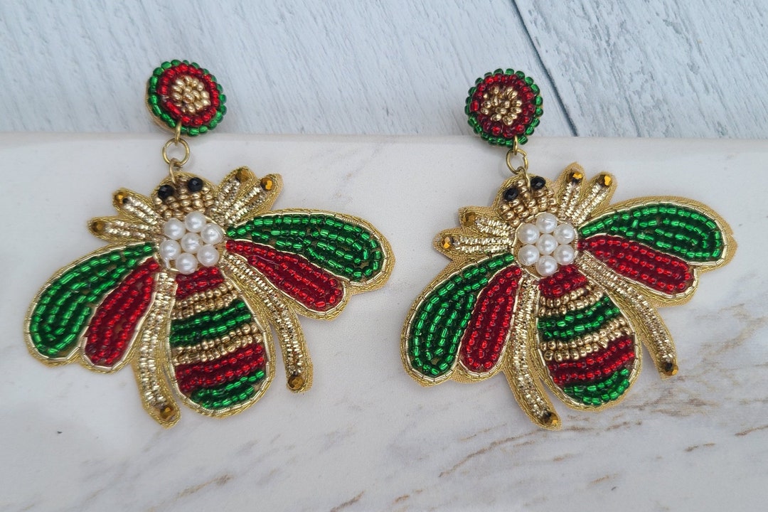 Queen Bee Beaded Earrings- Gold Bee With Red and Green Stripes - Etsy