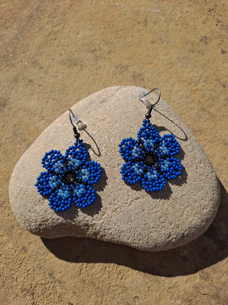 Huichol Mexican Flower Earring, Handmade Earring, Blue Flower Dangle ...