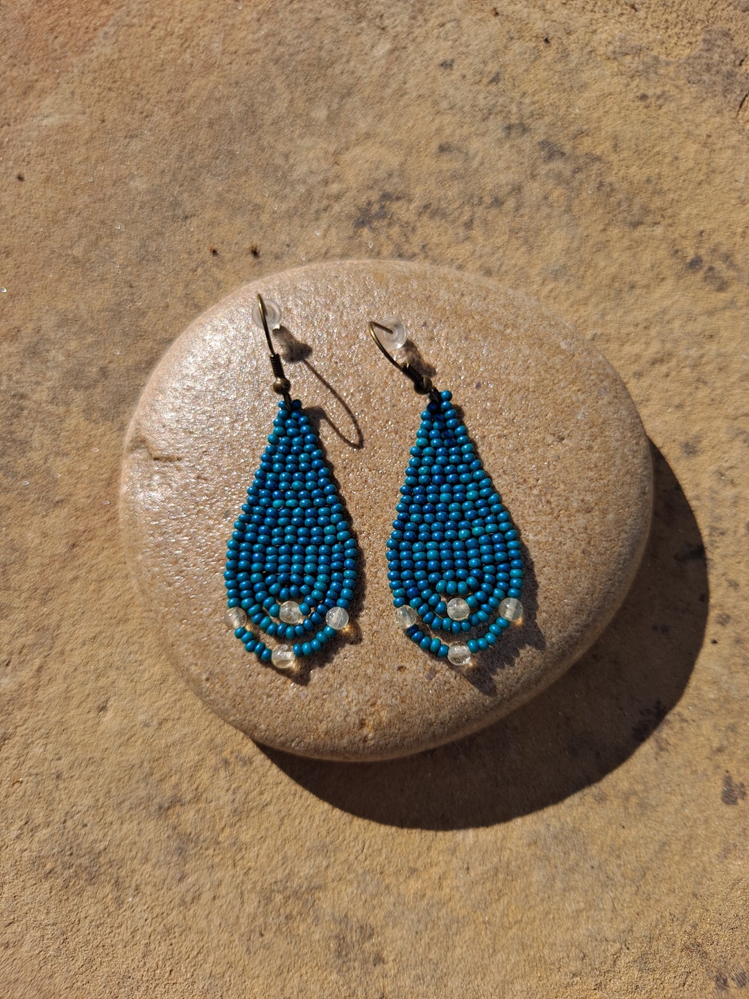 Teal Seed Bead Dangle Earrings With Citrine Accent - Etsy