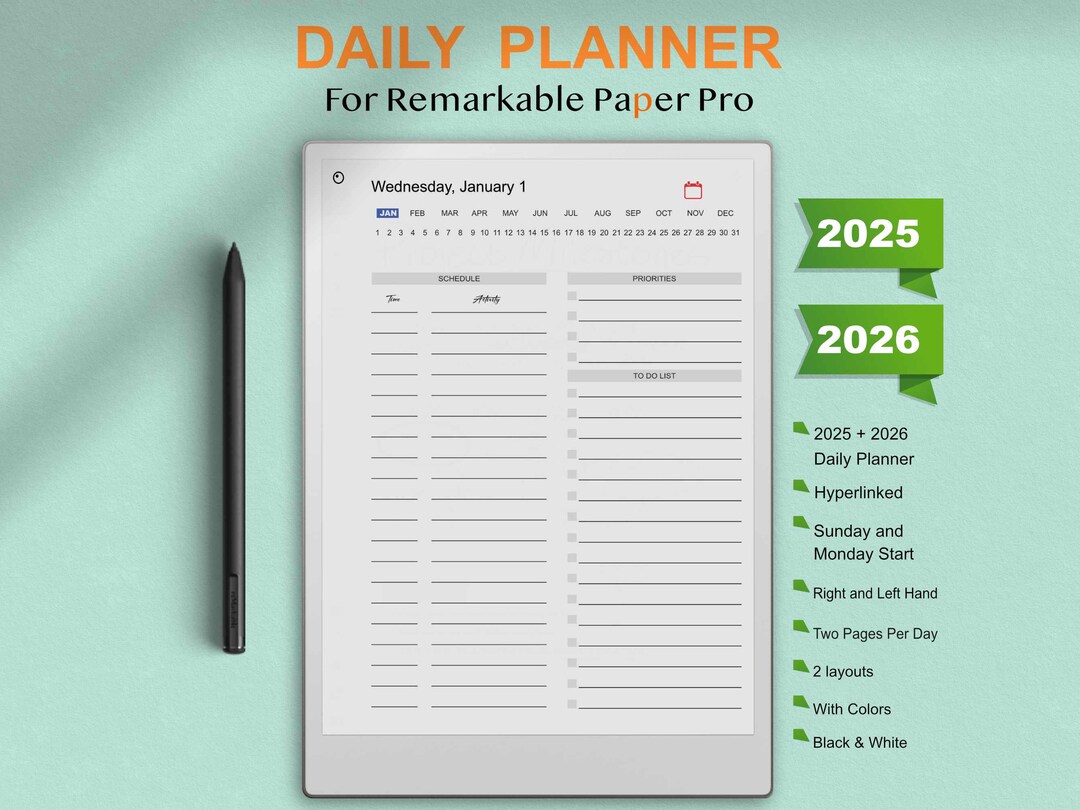2025+2026 Digital Daily Planner for Remarkable 2, 1 & Paper Pro ...