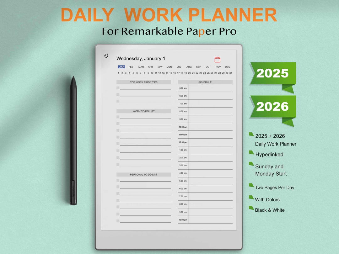 Remarkable Paper Pro Templates | 2025+2026 Daily Work Planner ...