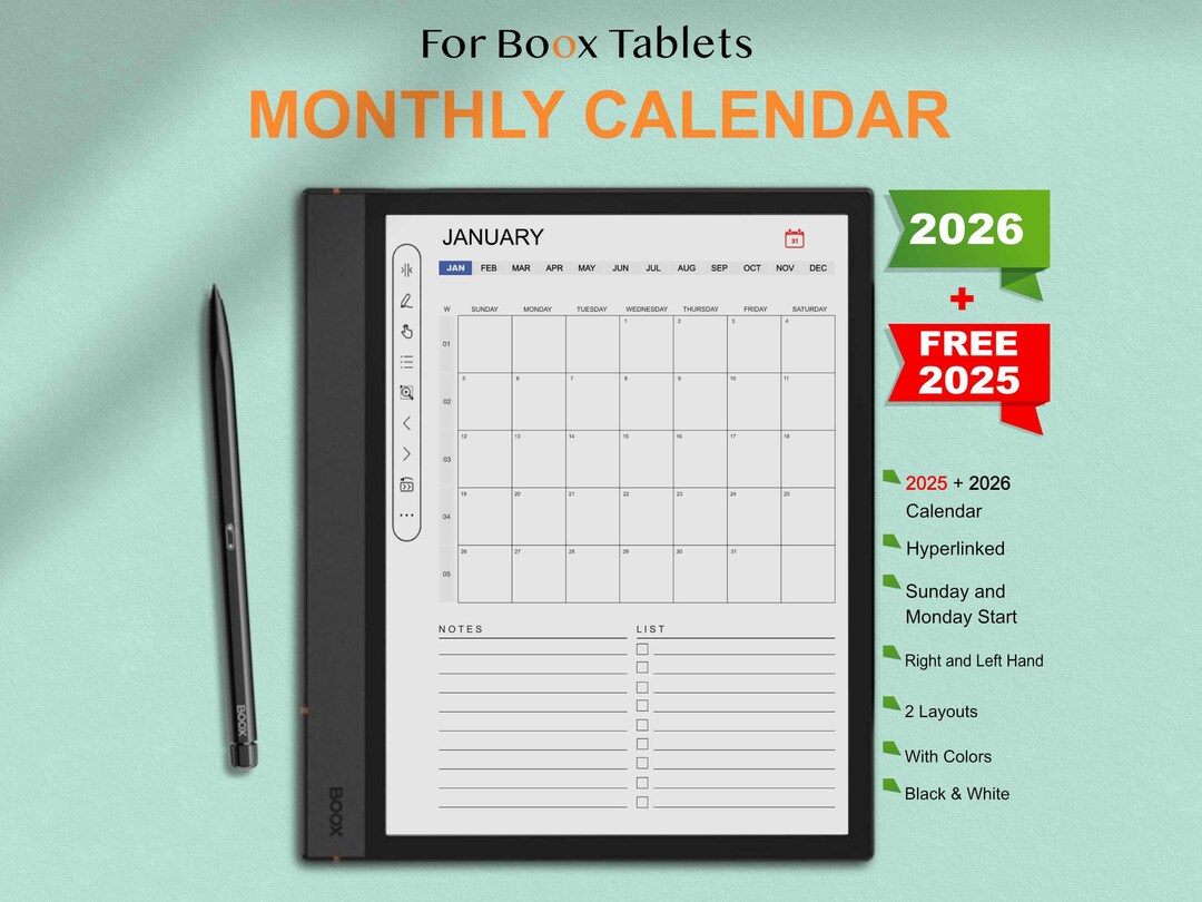 2026 Monthly Calendar for Boox Tablets, Color and Black/white Templates ...