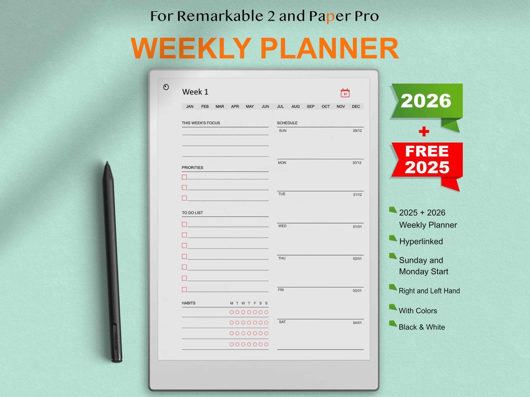 Weekly Planner for Remarkable Paper Pro and 2, 2026 Yearly and Monthly ...