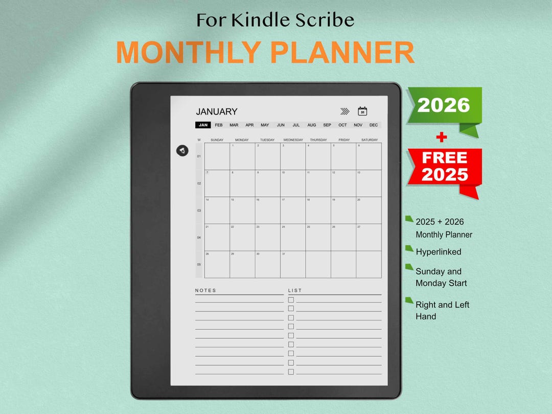 Agenda mensuel 2026 pour Kindle Scribe | Modèle PDF numérique avec lien ...