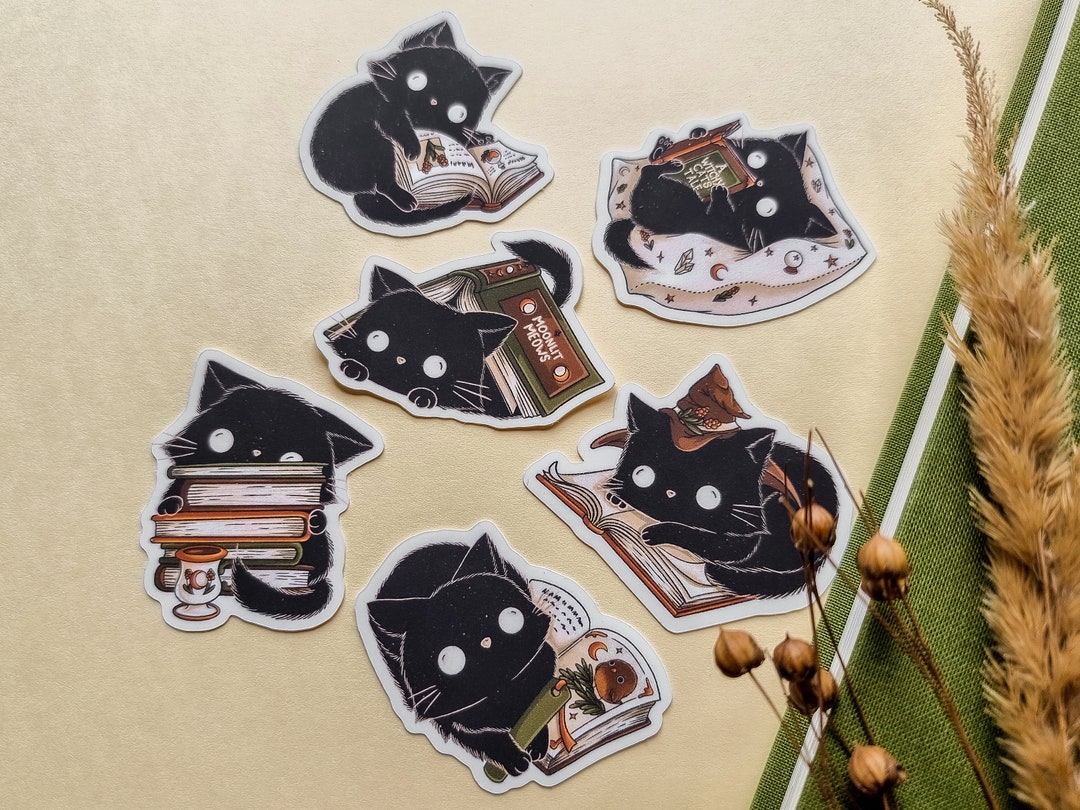 Sticker Set Witchy Book Cats - 6 Magical Black Witch Cats With Books ...