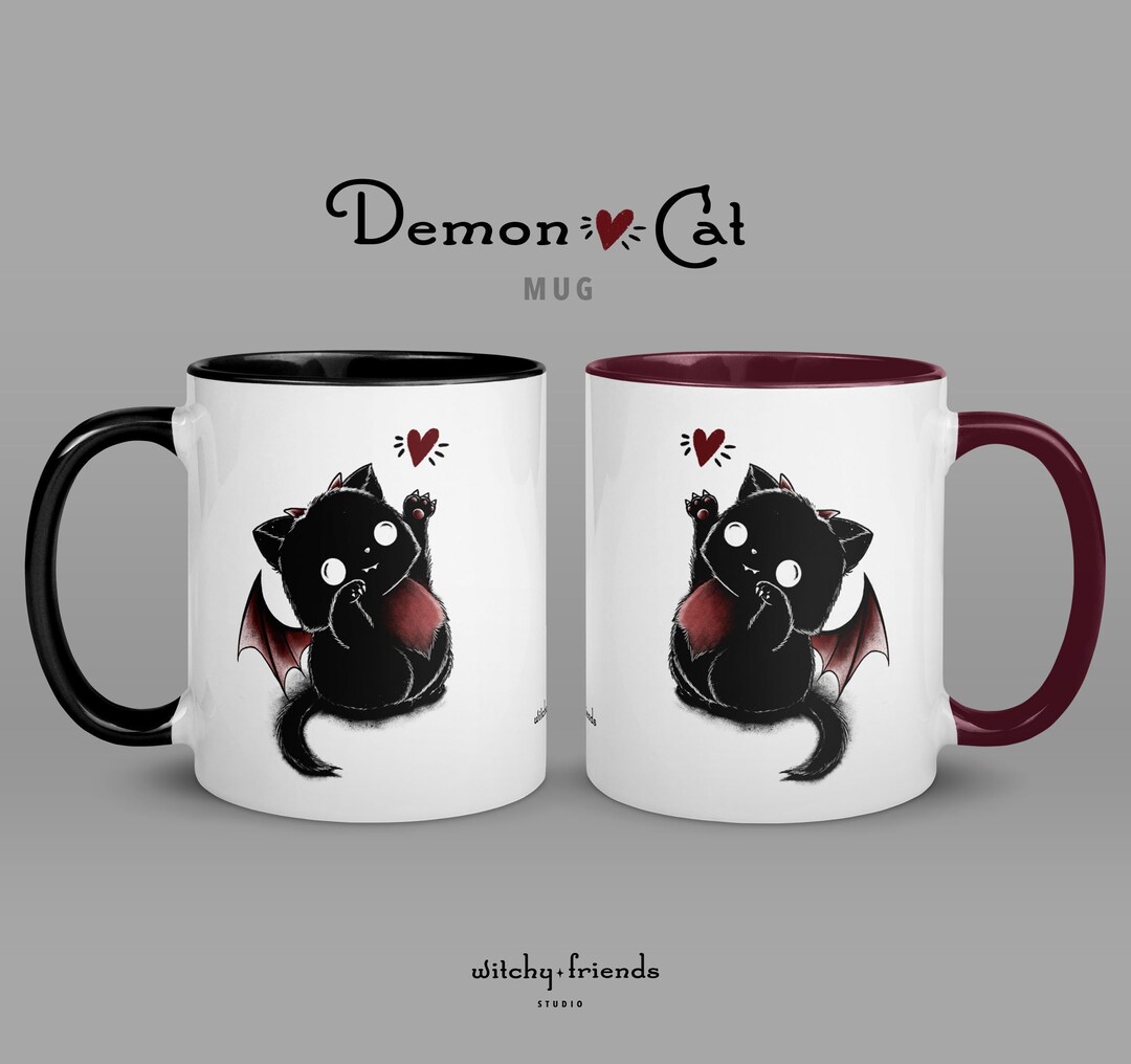 Demon Heart Cat Mug - Big Coffee and Tea Mug With a Cute Devil Cat ...