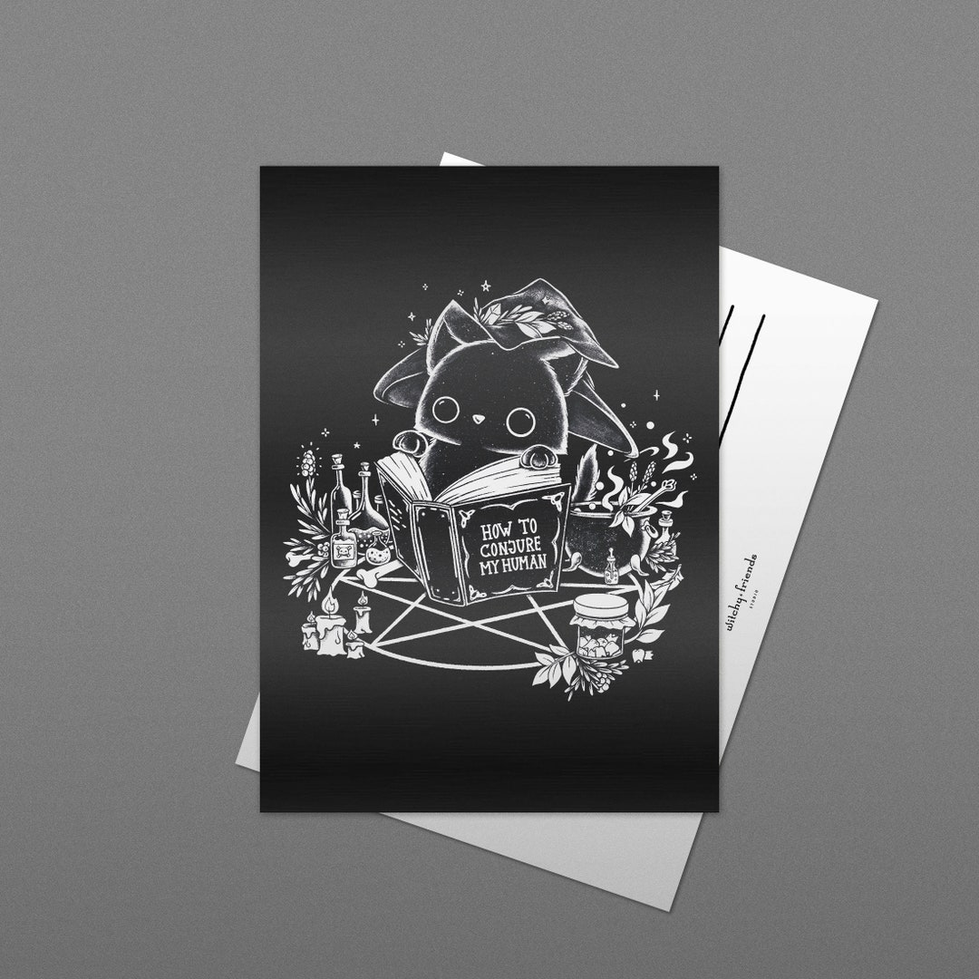 Shiny Silver Postcard – Cute Black Witch Cat With Spell Book and ...