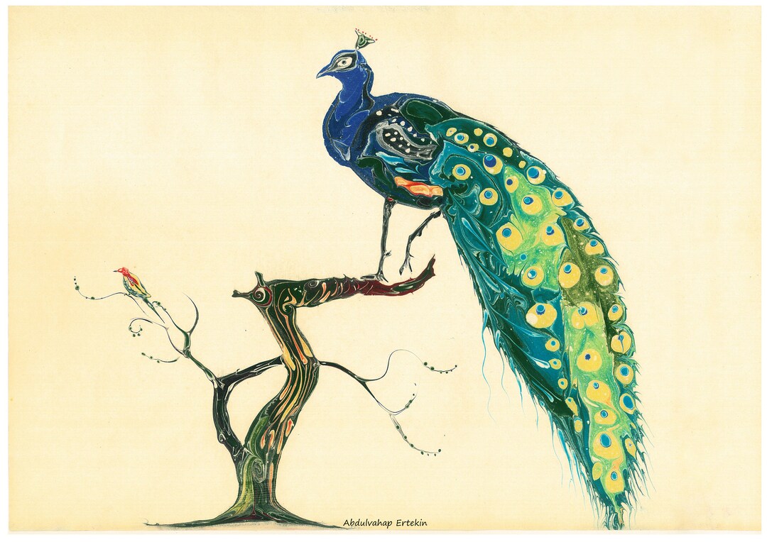 Peacock Marbled Painting: Traditional Turkish Ebru Art (digital Print ...