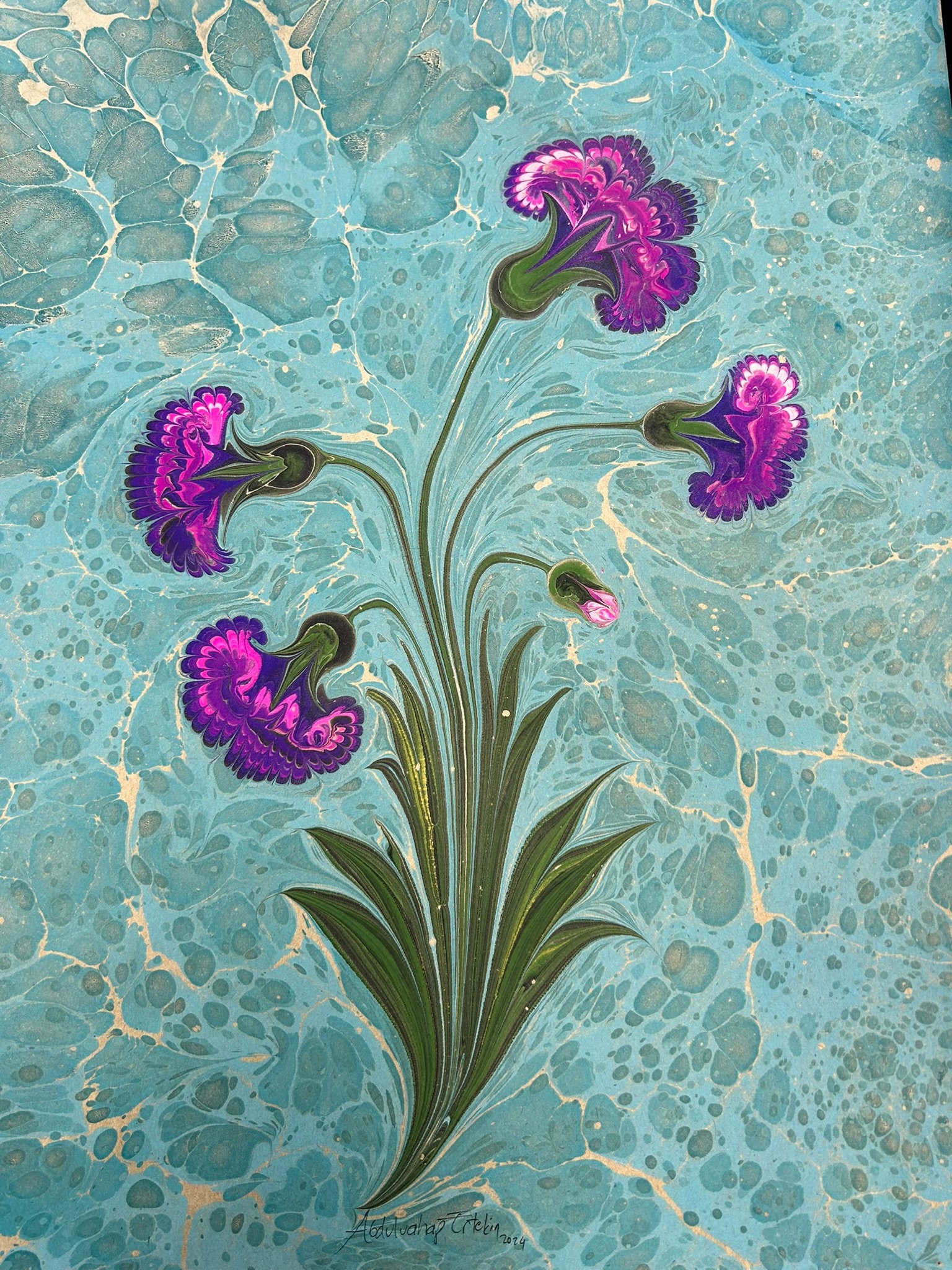 Original Flower Handmade Carnation Design Marbling Traditional Turkish ...