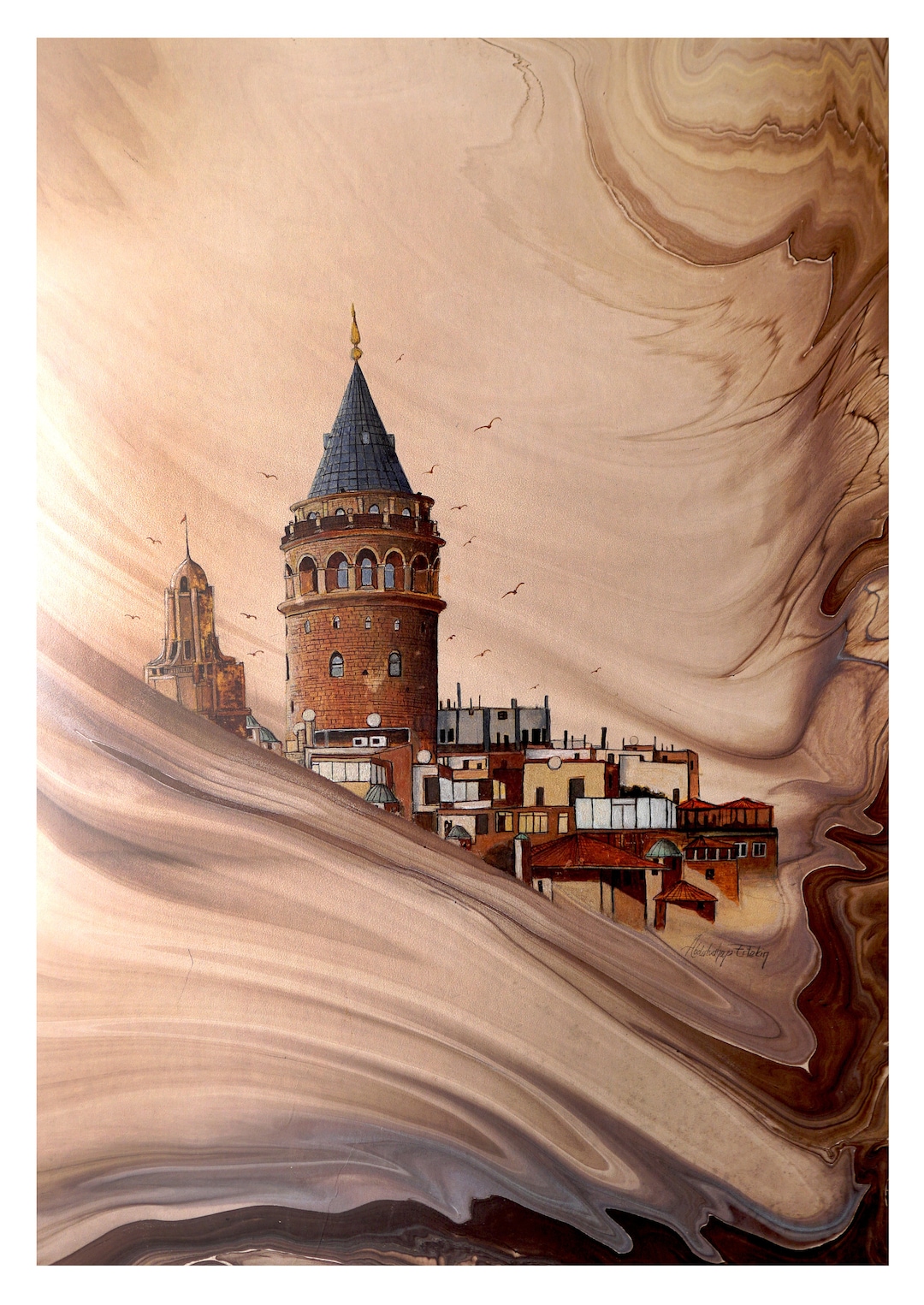 Galata Tower Drawing Digital Print Wall Decor Ebru Modern Marbled Paper ...