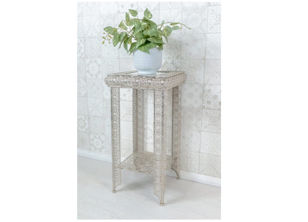 Silver Moroccan Embossed Metal Glass Side End Lamp Coffee Table - Etsy UK