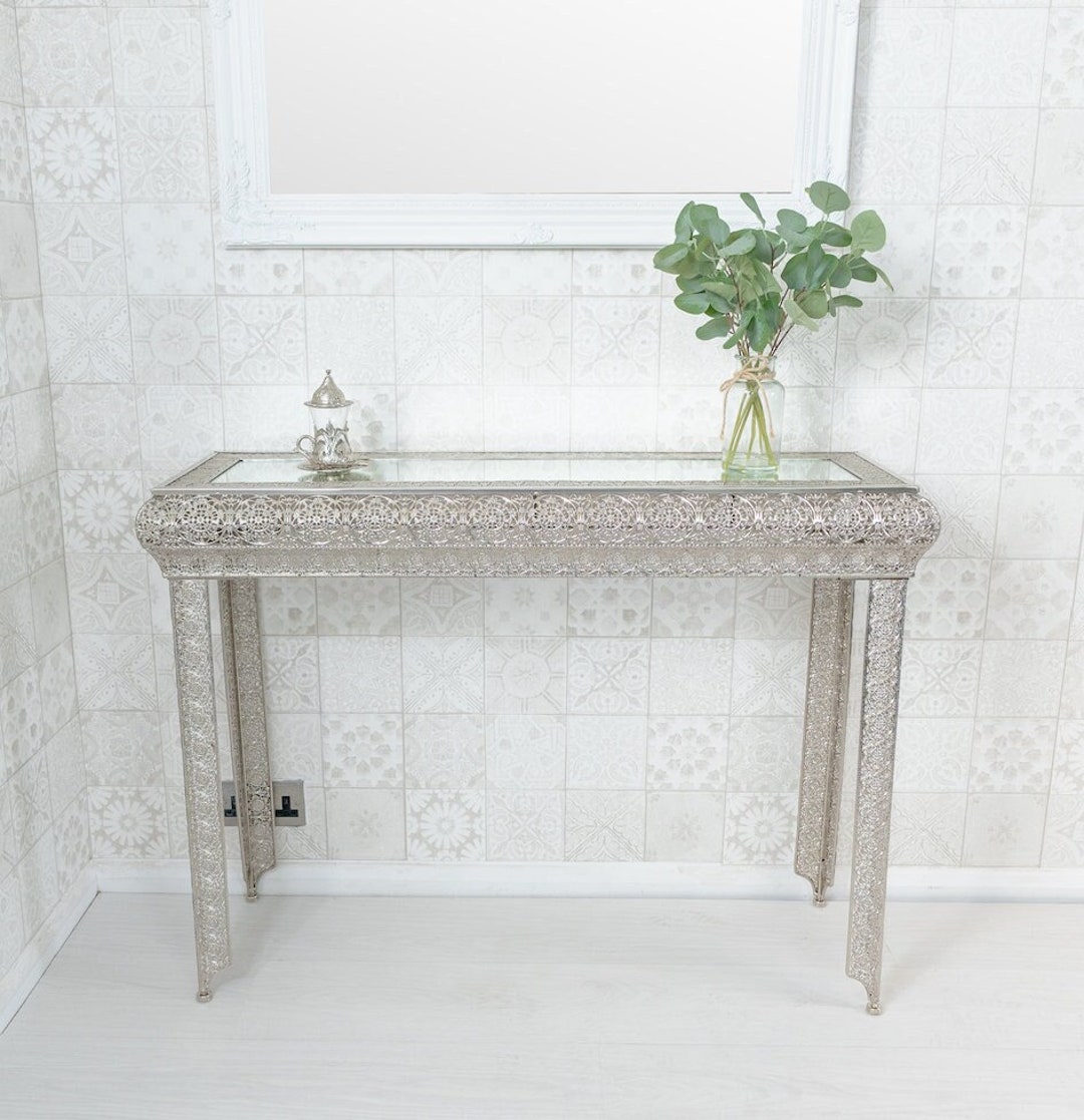 Silver Moroccan Embossed Metal Glass Console Side Hall Dressing Table ...